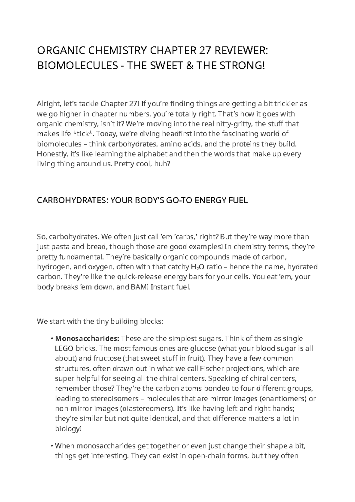 Organic Chem CH27 Reviewer: Biomolecules - Carbs & Proteins Explained ...