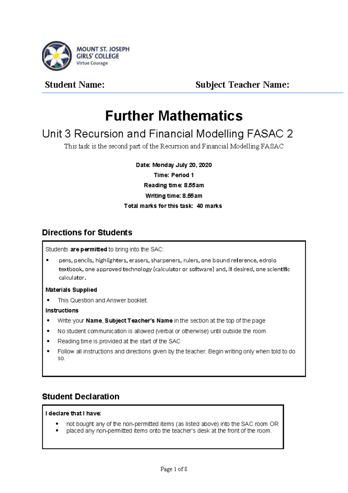 2020 Further Mathematics Unit 3 Recursion & Financial Modelling FASAC 2 ...