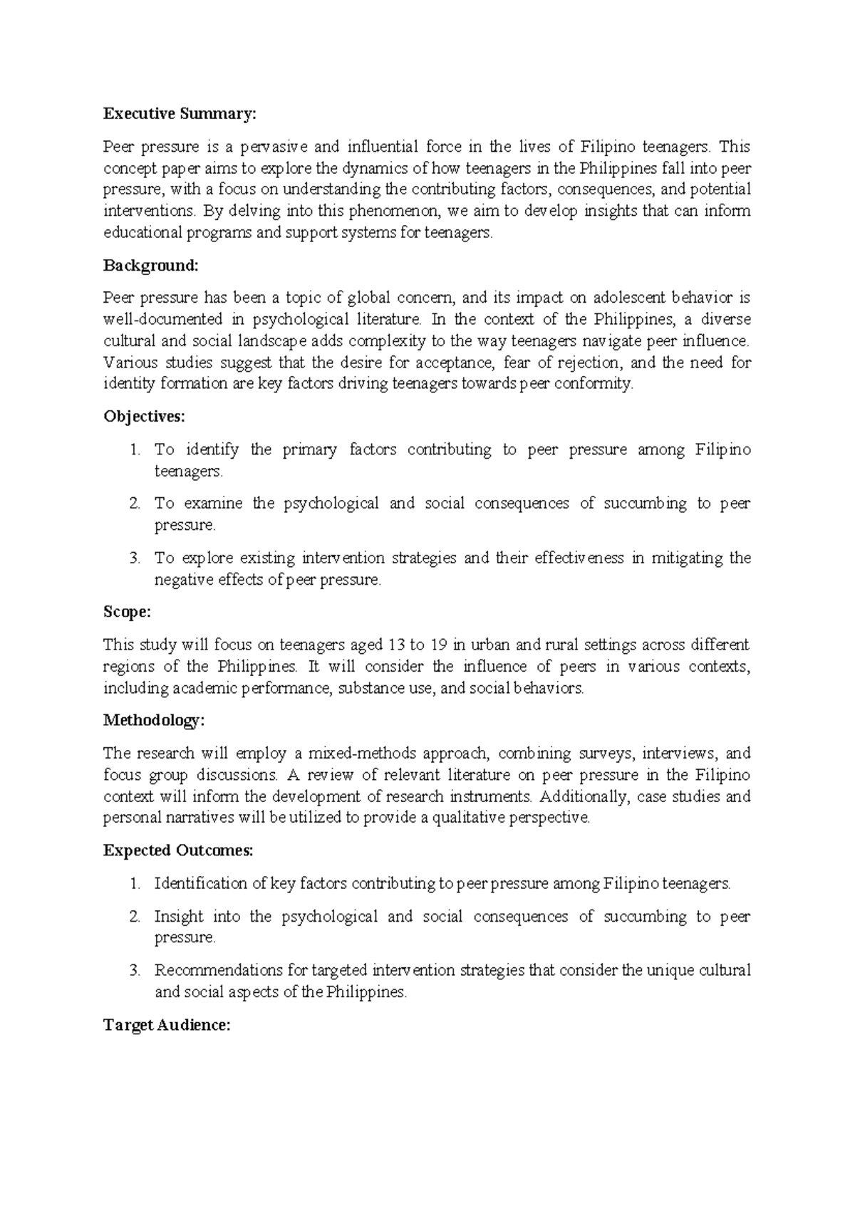 Concept Paper: Analyzing Peer Pressure Among Filipino Teenagers - Studocu