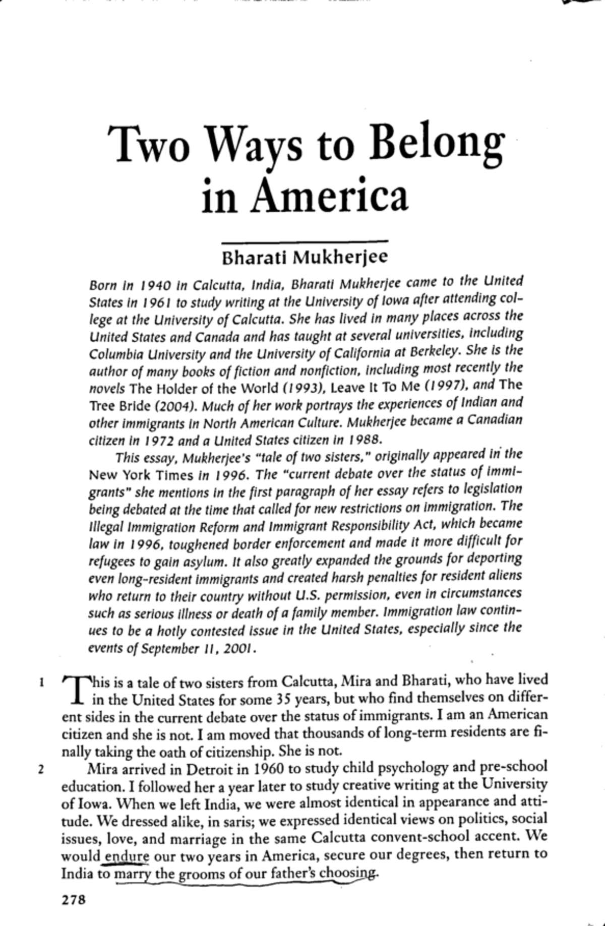 Two Ways to Belong in America Reading - Two Ways to Belong in America ...