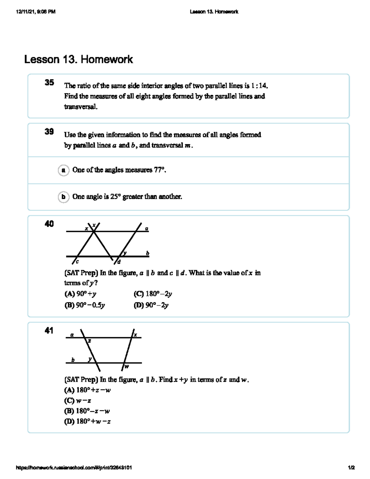 Geo 9:06 PM Lesson 13 Homework: Angle Measures & Ratios - Studocu