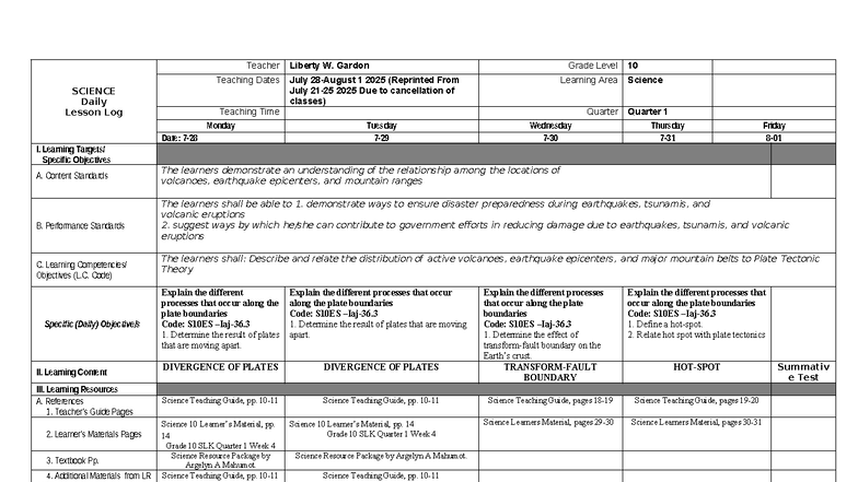 Grade 10 Science Daily Lesson Log: Plate Tectonics & Geologic Activity ...