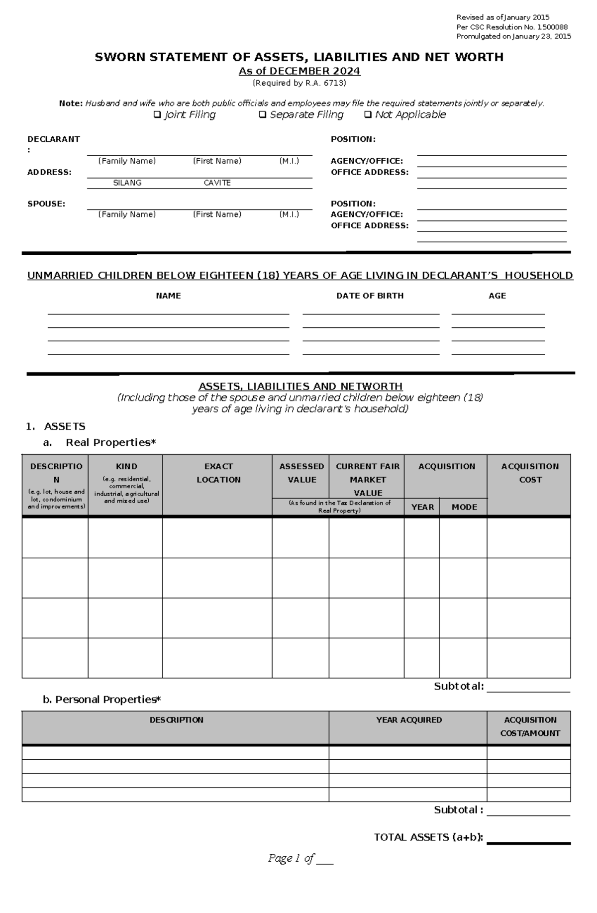 SALN-Form-1 - BOOK - Revised as of January 2015 Per CSC Resolution No ...