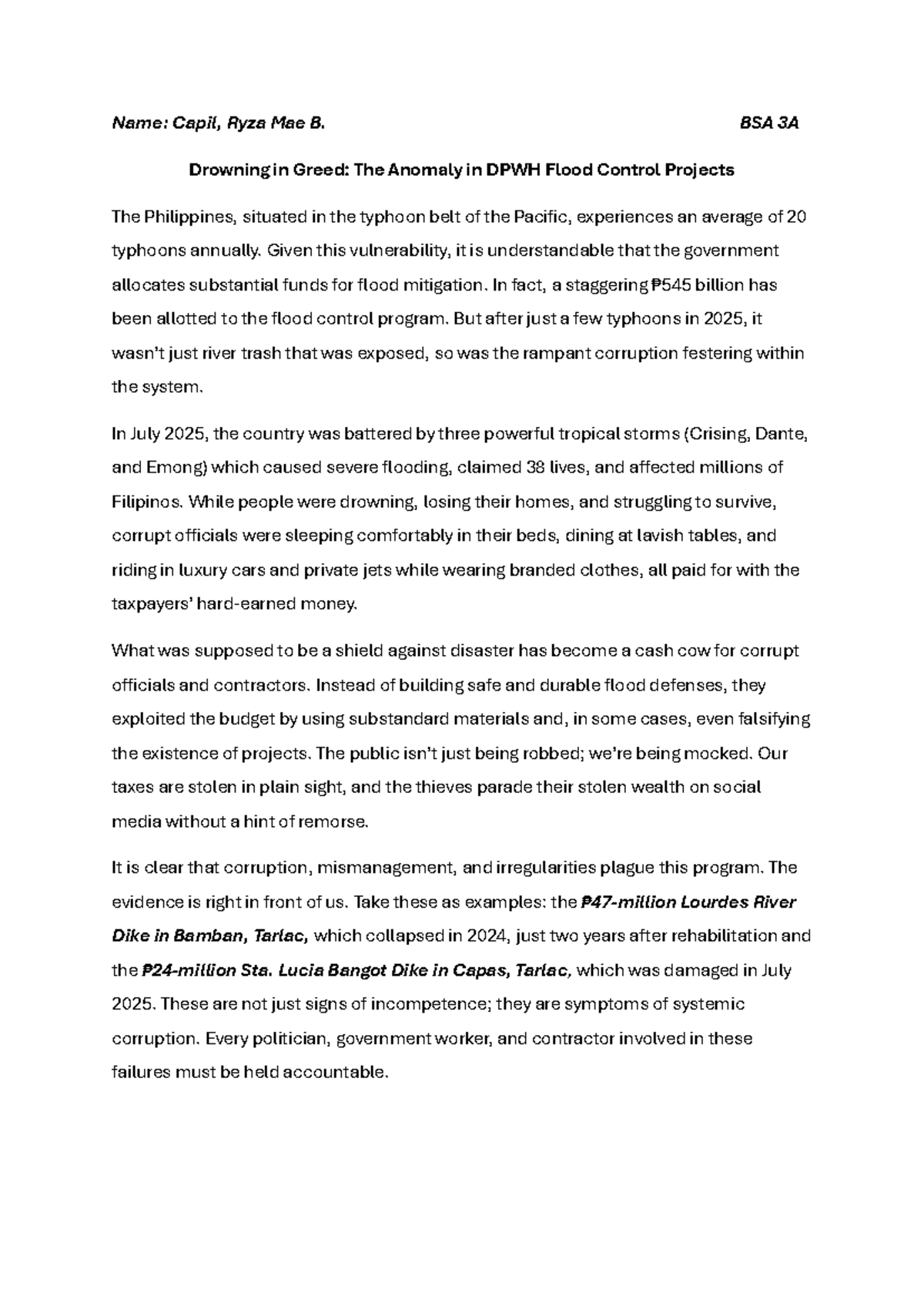 BSA 3A Essay: Drowning in Greed - Corruption in DPWH Flood Control ...