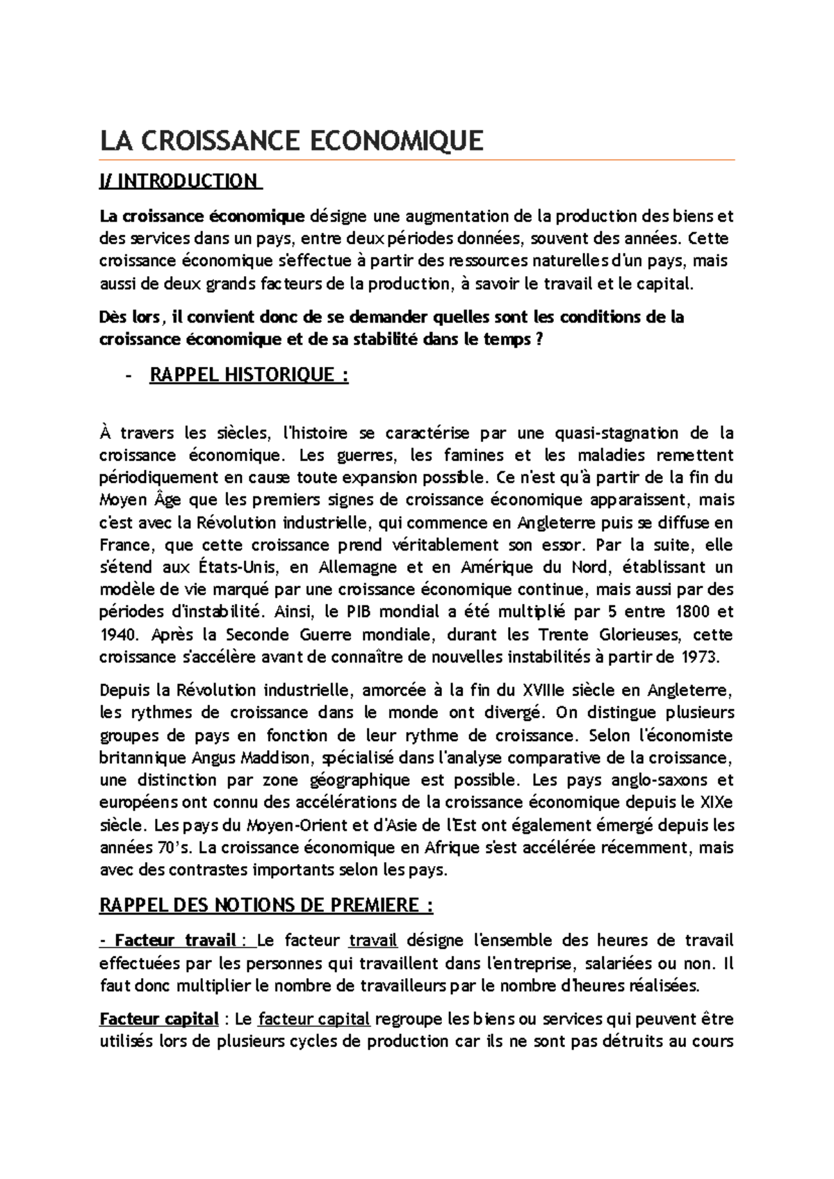 Croisse économique intro - LA CROISSANCE ECONOMIQUE I/ INTRODUCTION La ...