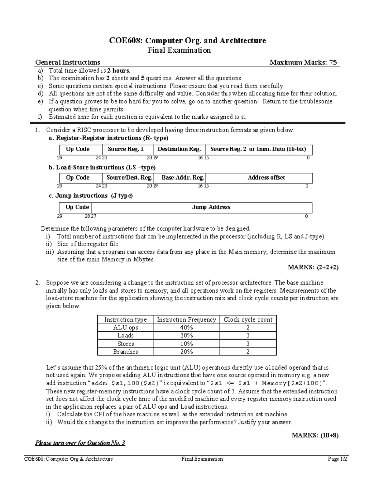 COE608: Computer Org. & Architecture Final Exam Instructions - Studocu
