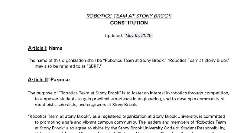 Robotics Team at Stony Brook Constitution 2025-2026 - Studocu