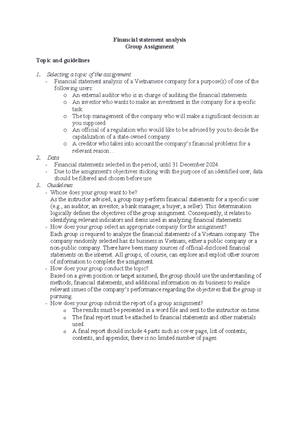 Financial Statement Analysis Group Assignment Guidelines and Topics ...