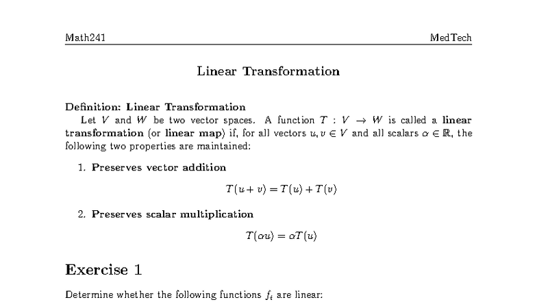 Math241 Linear Transformation: Definition & Exercises - Studocu