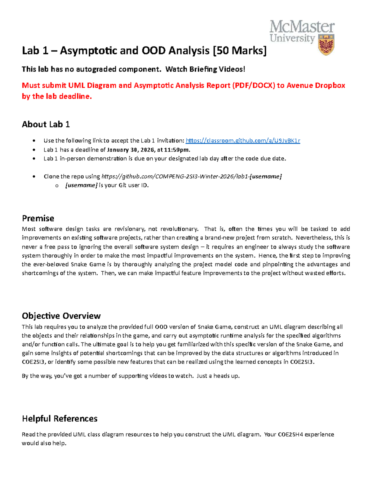 COE2SI3 Lab 1: OOD & Asymptotic Analysis of Snake Game - Studocu