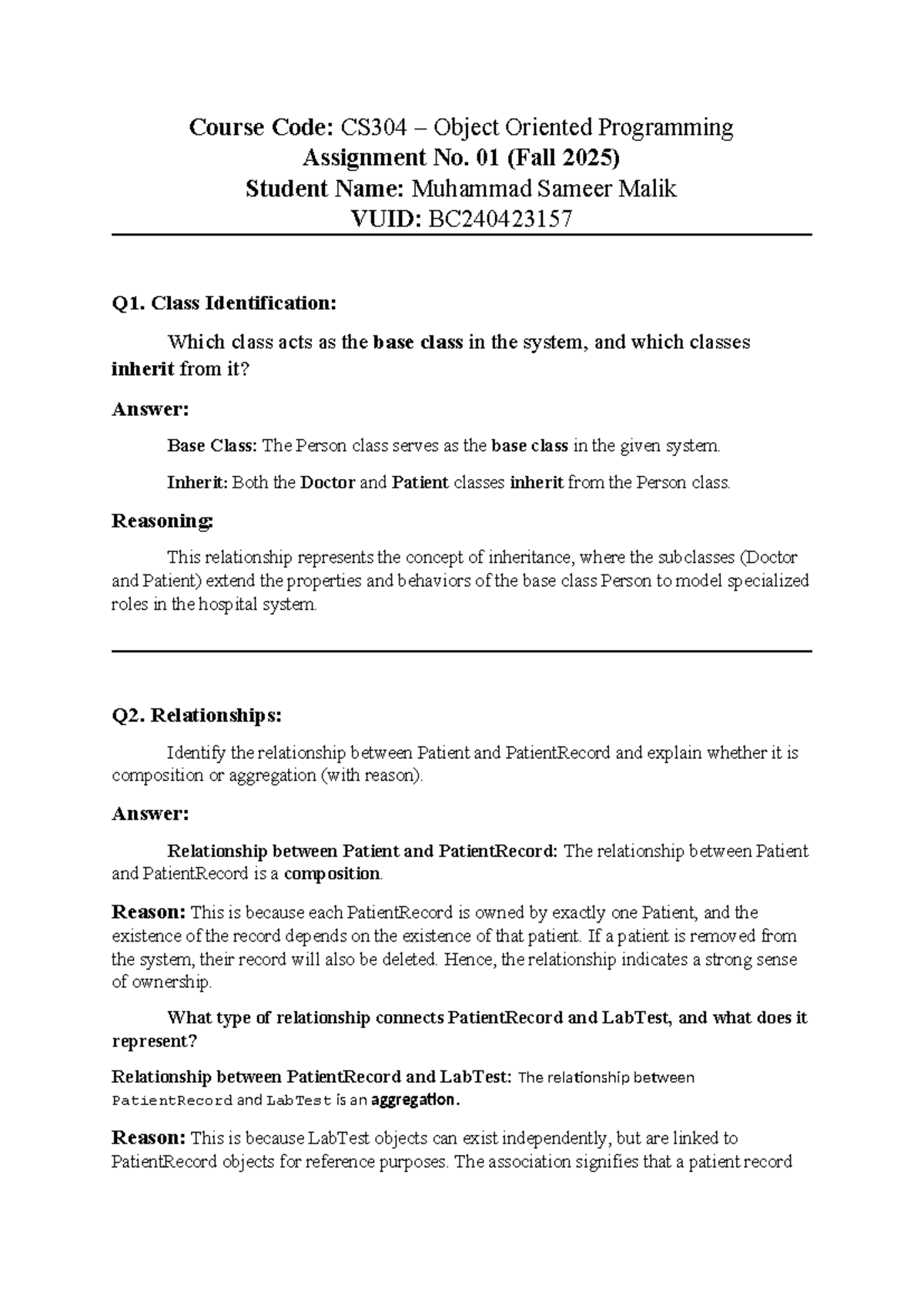 CS304 Object Oriented Programming Assignment 01 Analysis (Fall 2025 ...