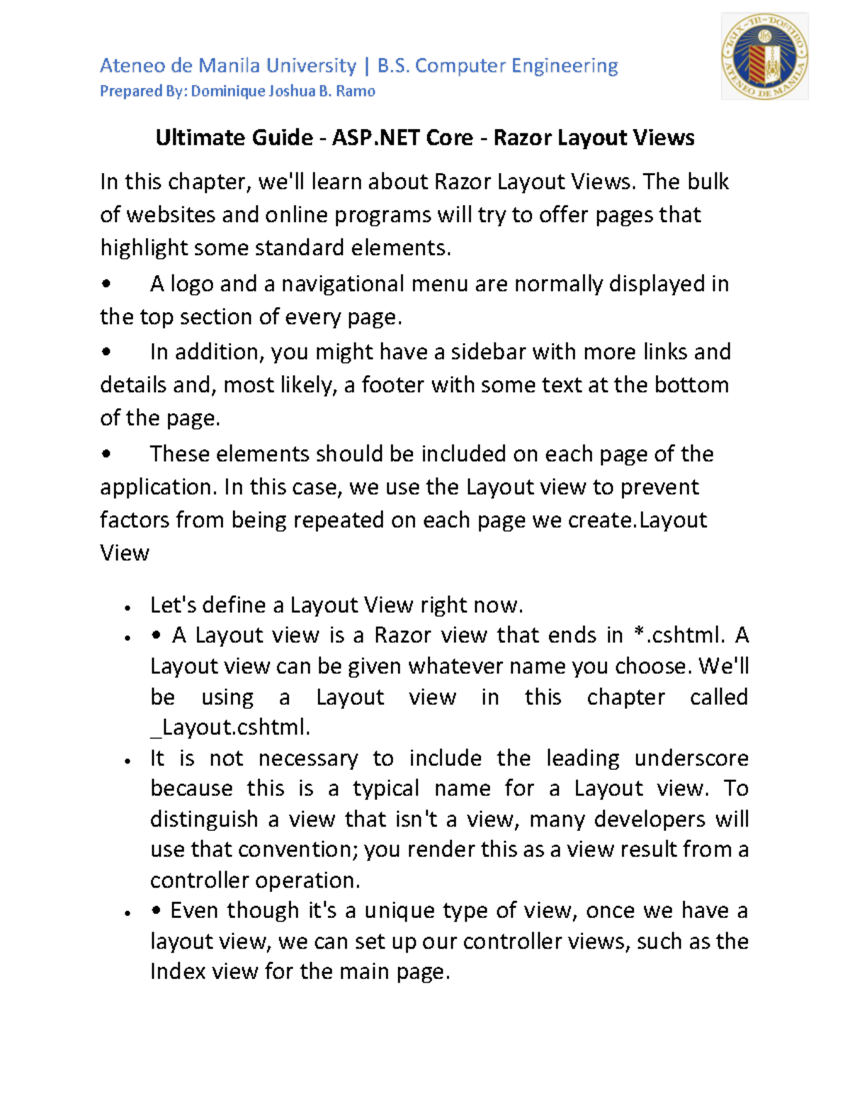 Ultimate Guide - ASP.NET Core - Razor Layout Views - Prepared By: Dominique Joshua B. Ramo ...
