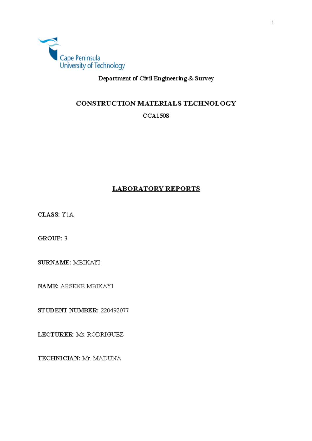 Reports Mbikayi CCA LAB - Department of Civil Engineering & Survey ...