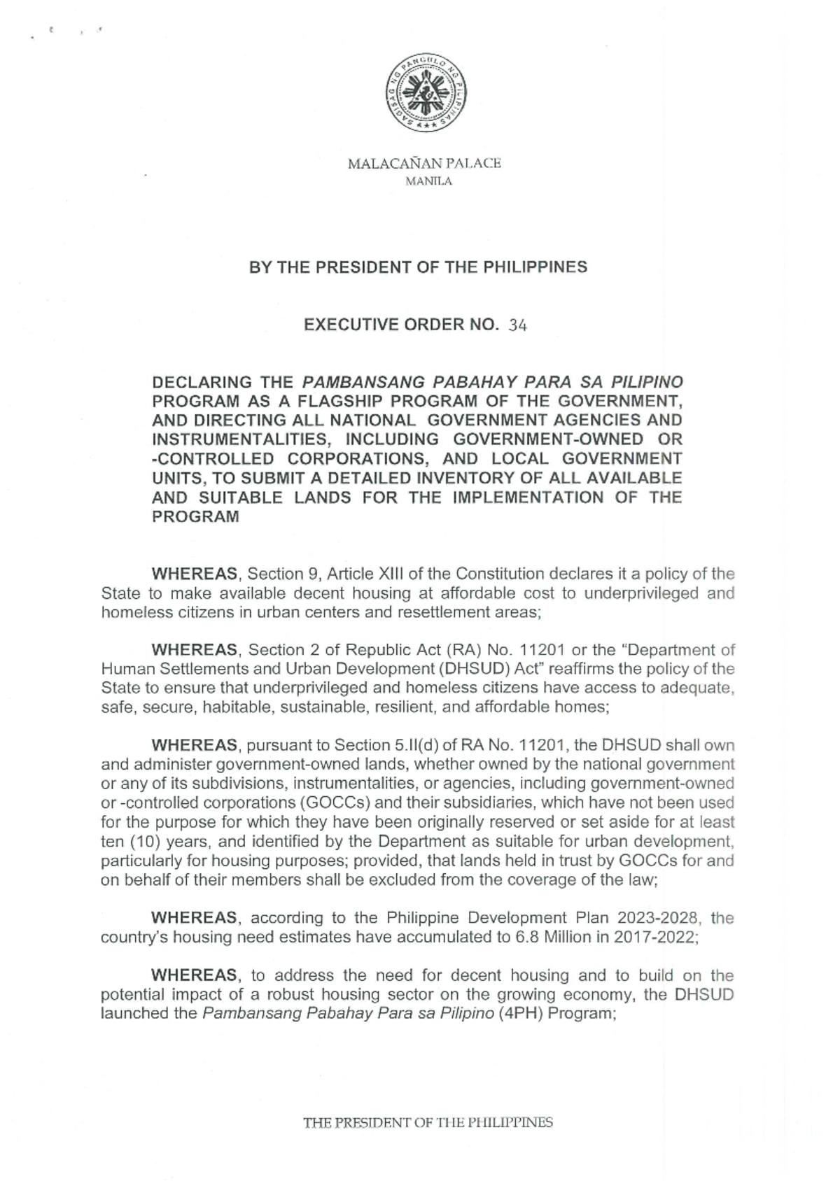 Executive Order No. 34: Pambansang Pabahay Para sa Pilipino Program ...