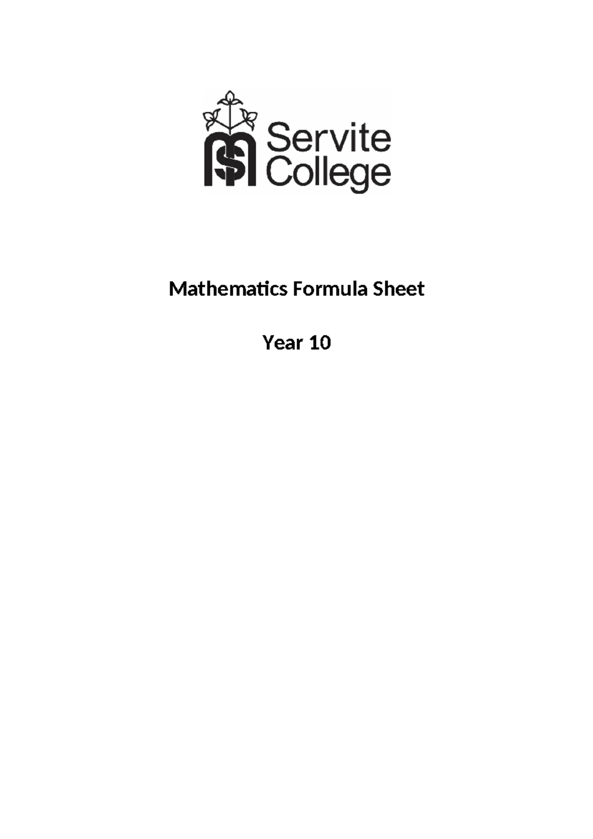 Year 10 Math Formula Sheet 2024: Key Concepts and Relationships - Studocu