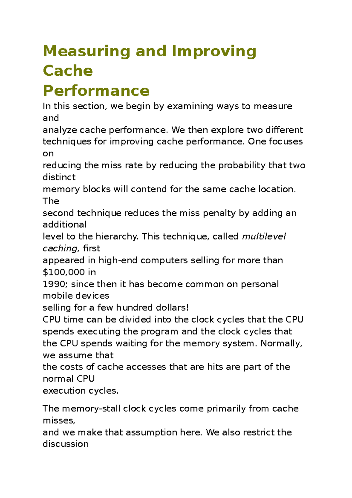 Cache Performance - Measuring and Improving Cache Performance In this ...