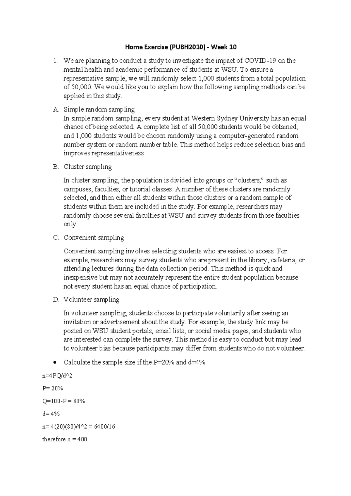 Week 10 Home Exercise - Sampling Methods in PUBH2010 - Studocu