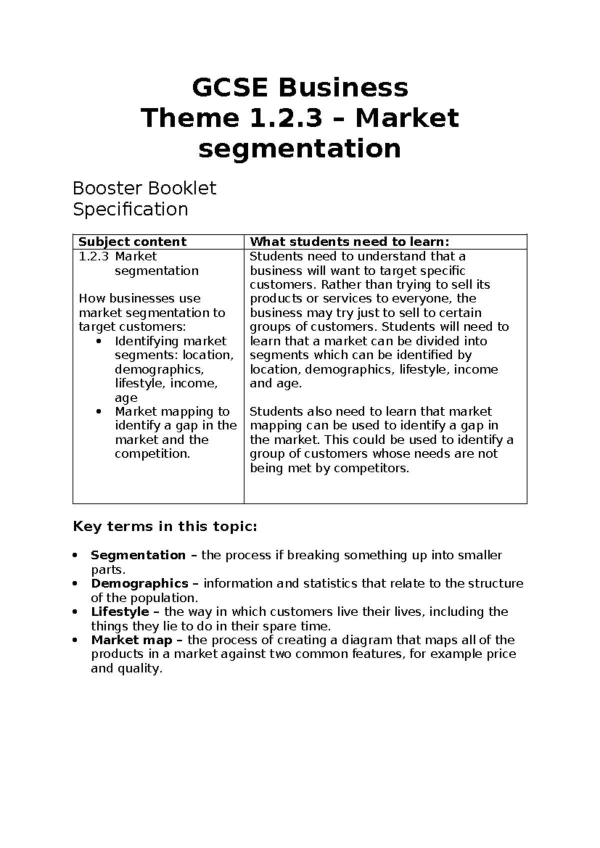 GCSE Business - Theme 1.2.3 Market Segmentation Booster Booklet - Studocu
