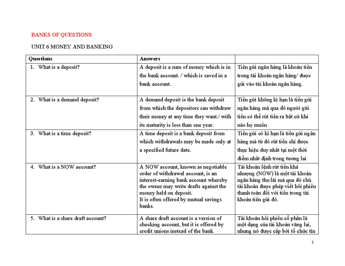 Banks of Questions - Unit 6: Money and Banking Answers ESP CLC 1 - Studocu