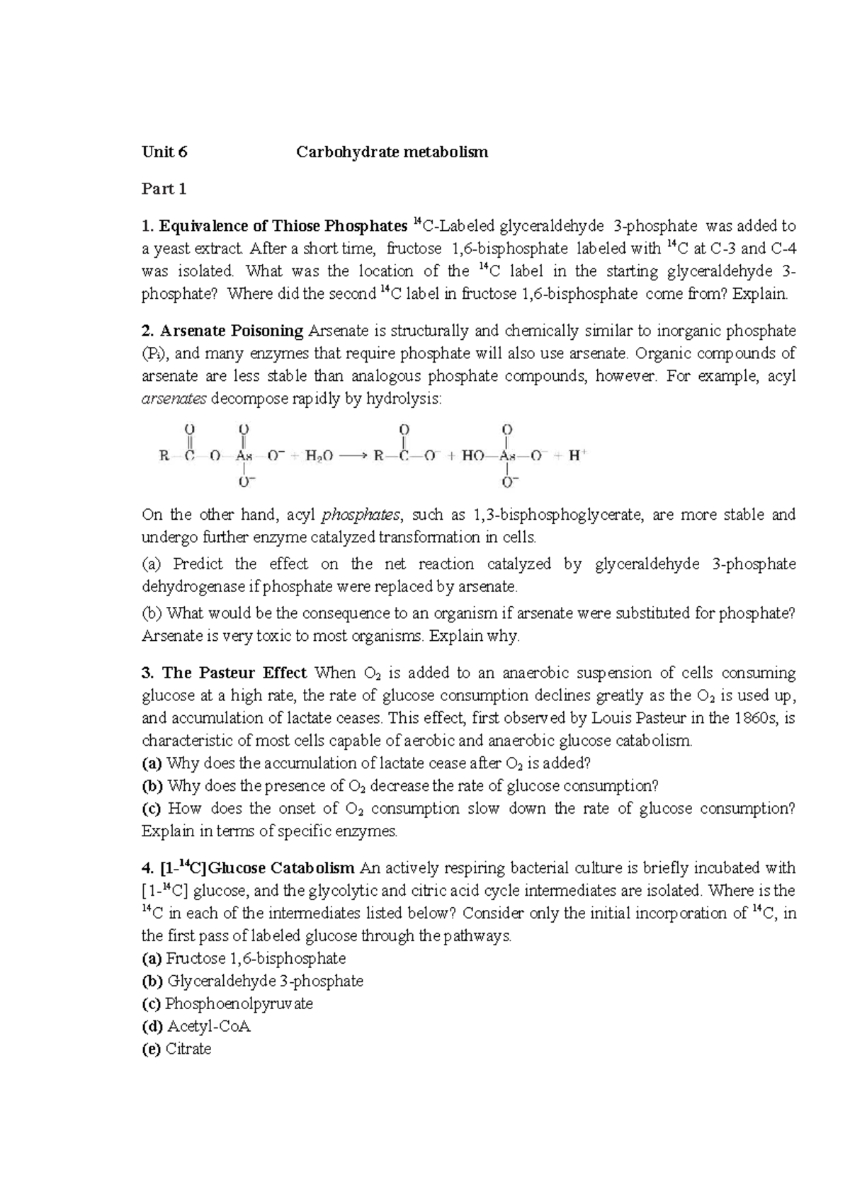 Exercises for Unit 6: Carbohydrate Metabolism Part 1 - Studocu