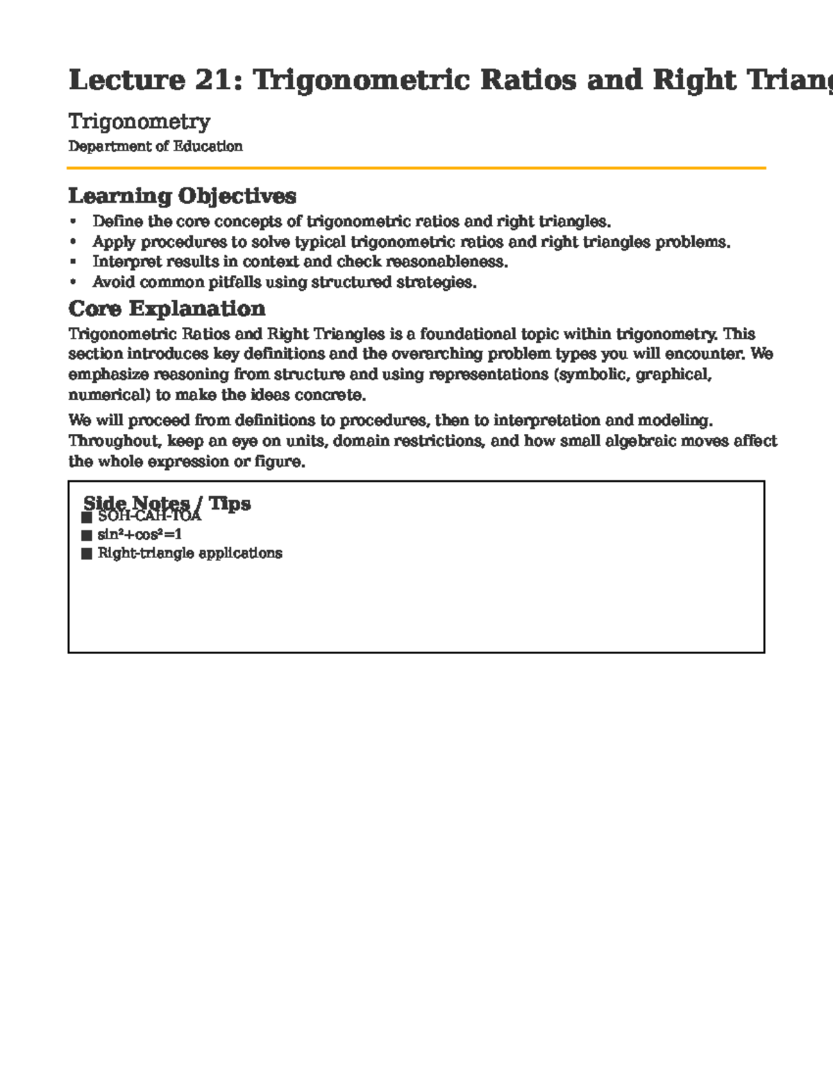 Lecture 21: Trigonometric Ratios & Right Triangles Overview - Studocu