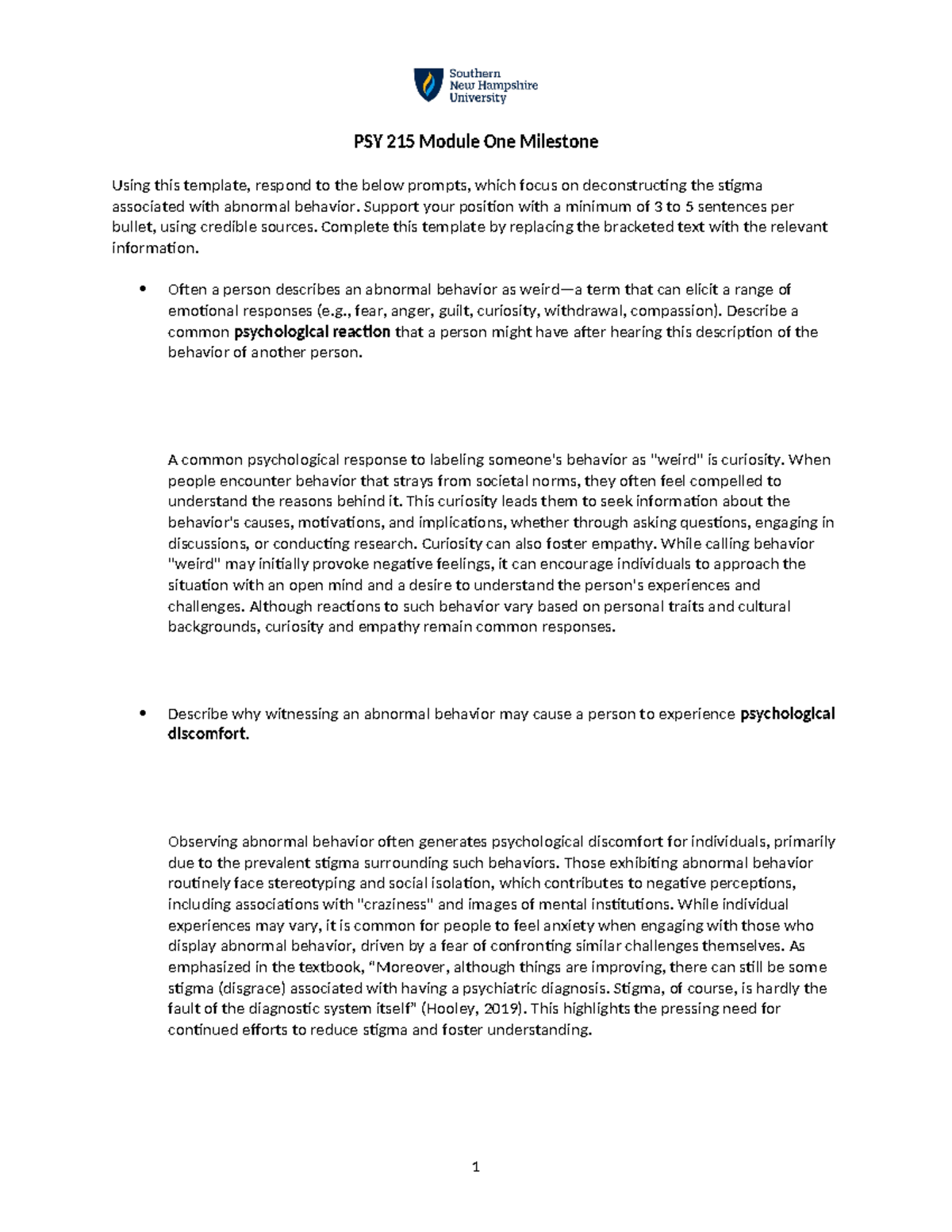 PSY 215 Module One Milestone: Understanding Stigma in Abnormal Behavior ...