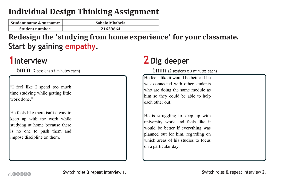 INF113 Design Thinking Class Activity: Understanding Home Study Challenges - Studocu