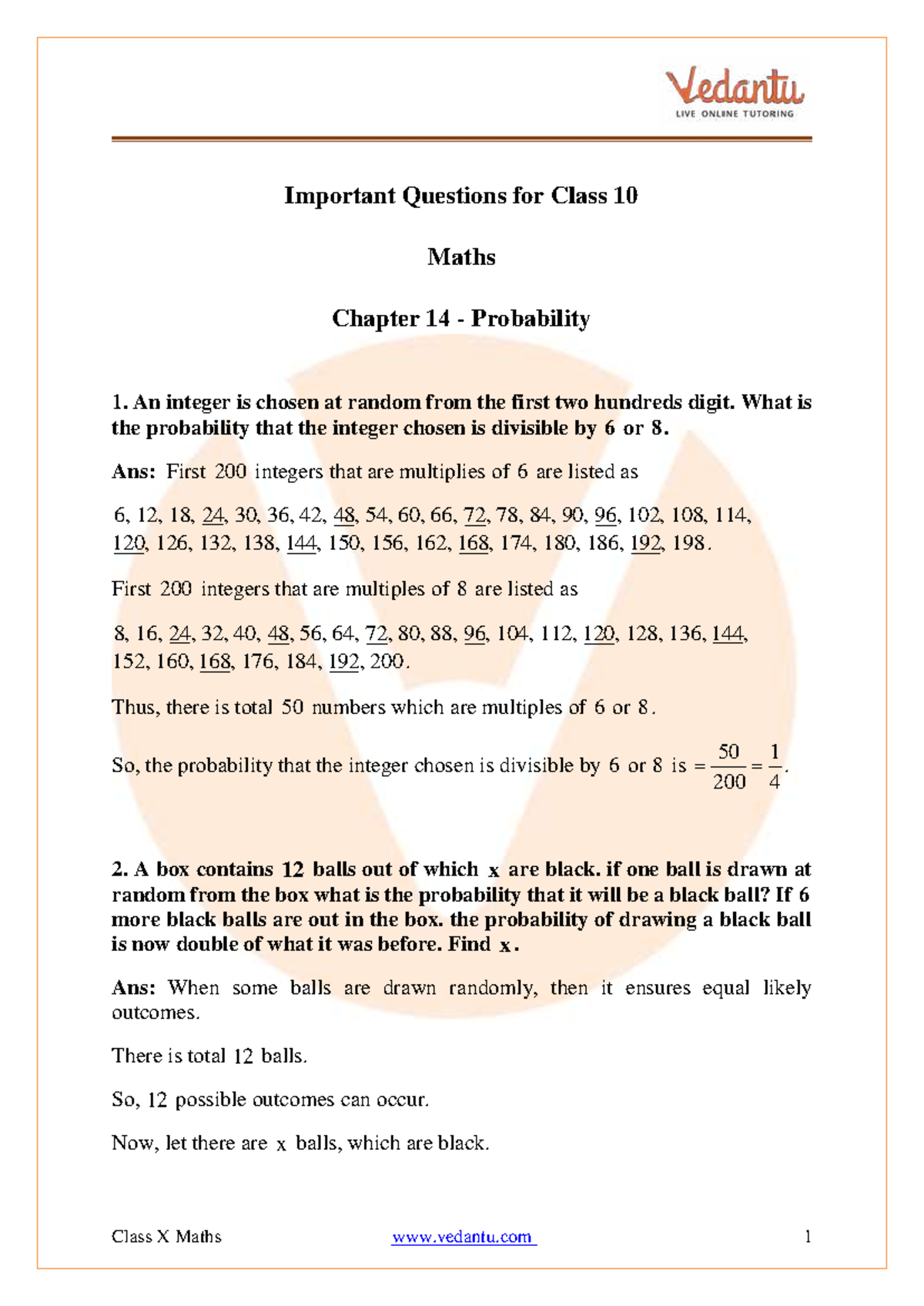 Probability Important Questions for Class 10 Maths - Chapter 14 - Studocu