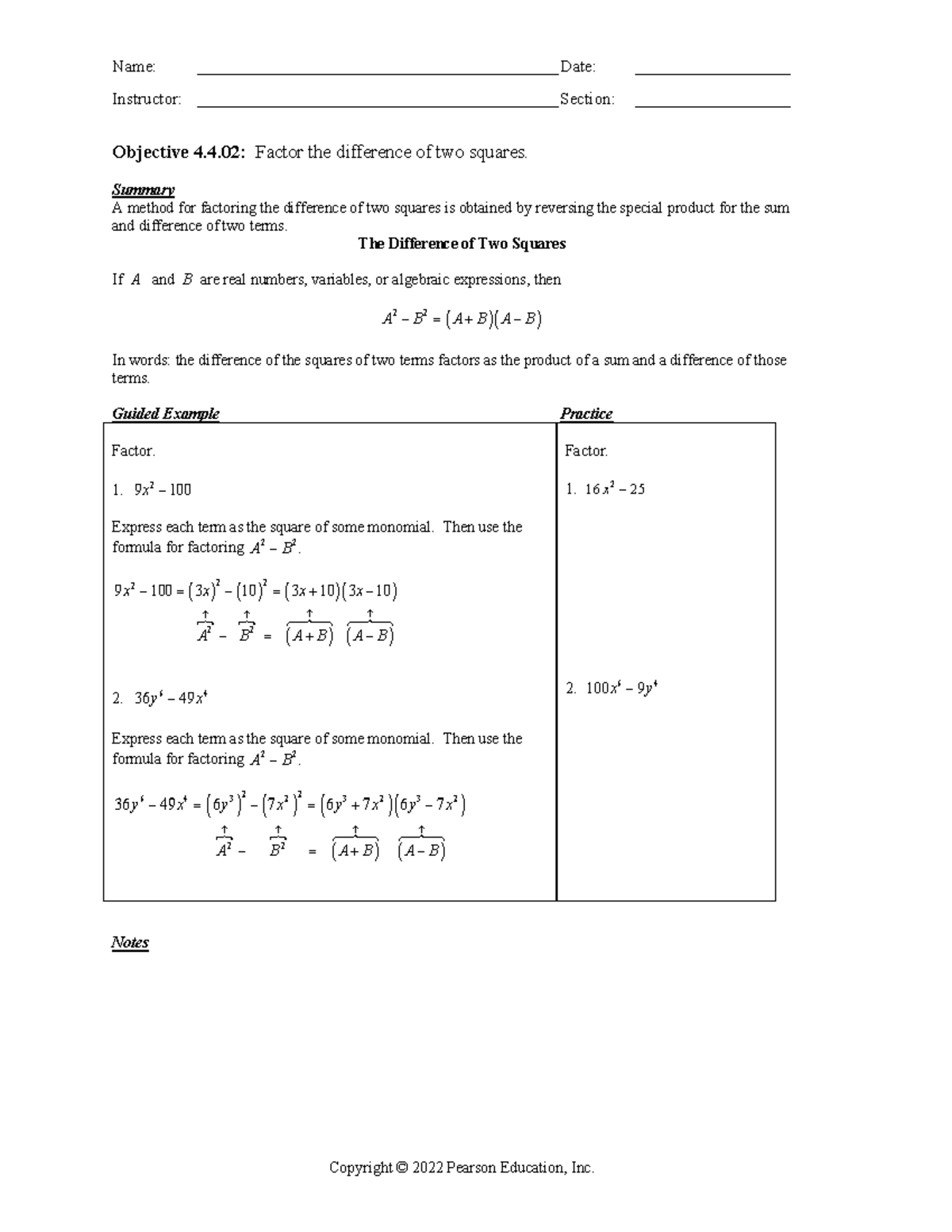Bzat7e IR Obj4 4 02 - Factoring the Difference of Two Squares Notes ...