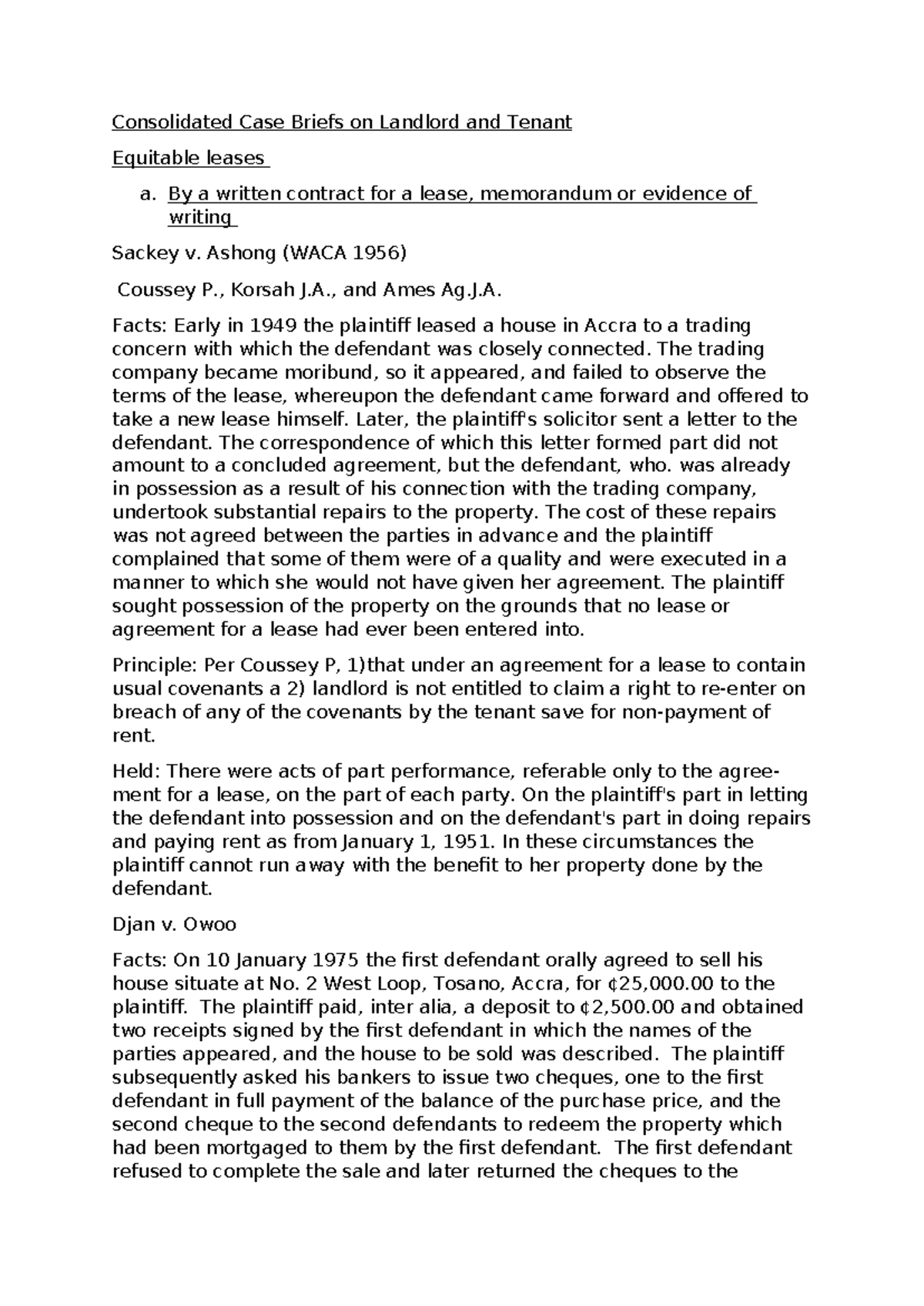 Consolidated Case Briefs on Landlord and Tenant - Key Legal Principles ...