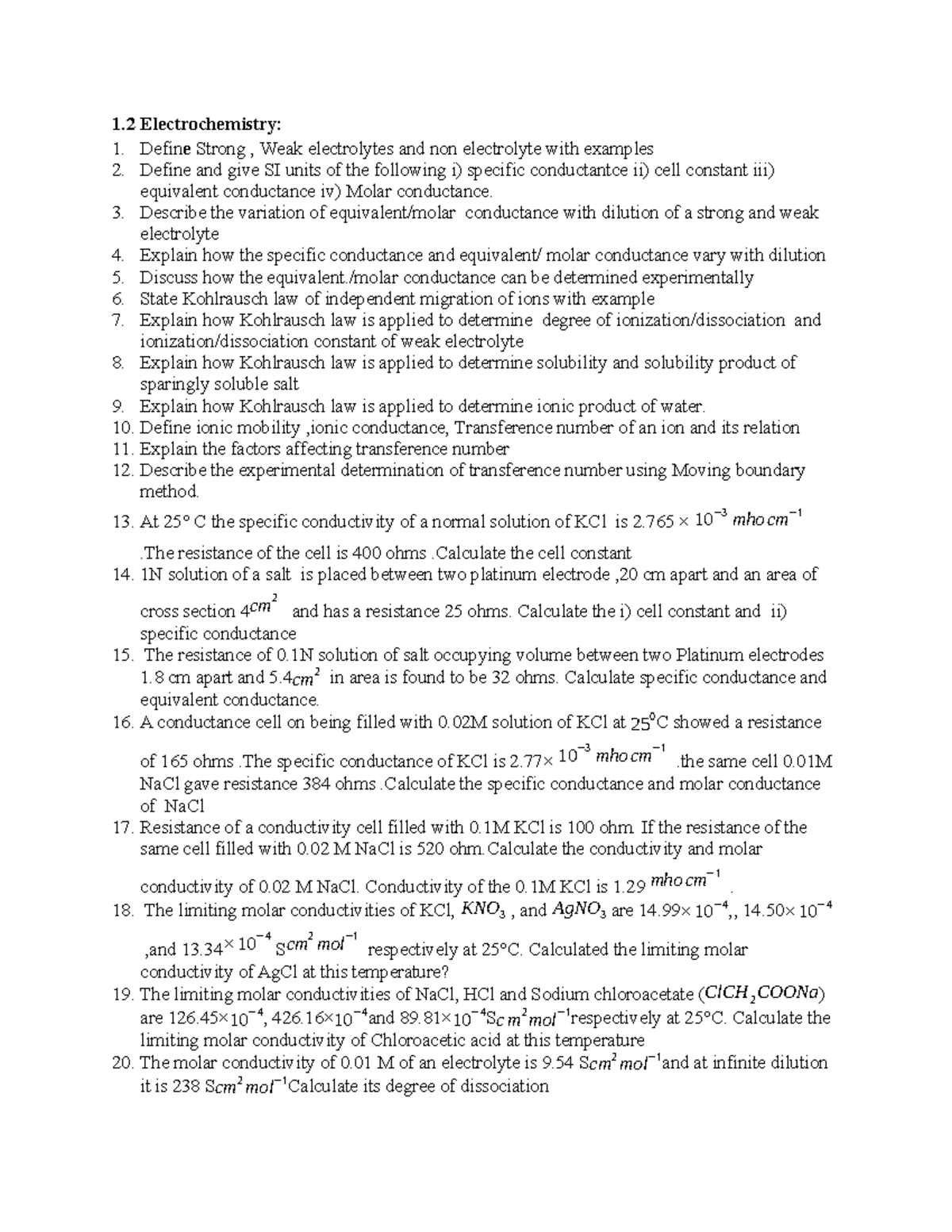 Electrochemistry (Course Code: 1.2) - Key Concepts and Calculations ...