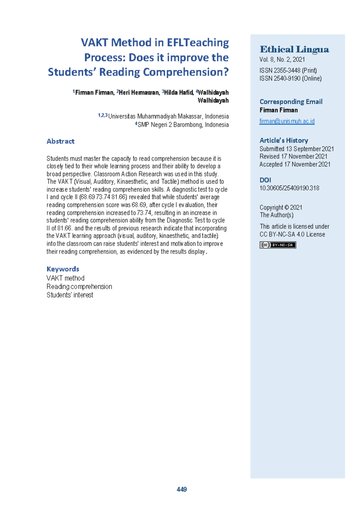 VAKT Method in EFL Teaching: Enhancing Reading Comprehension Skills ...