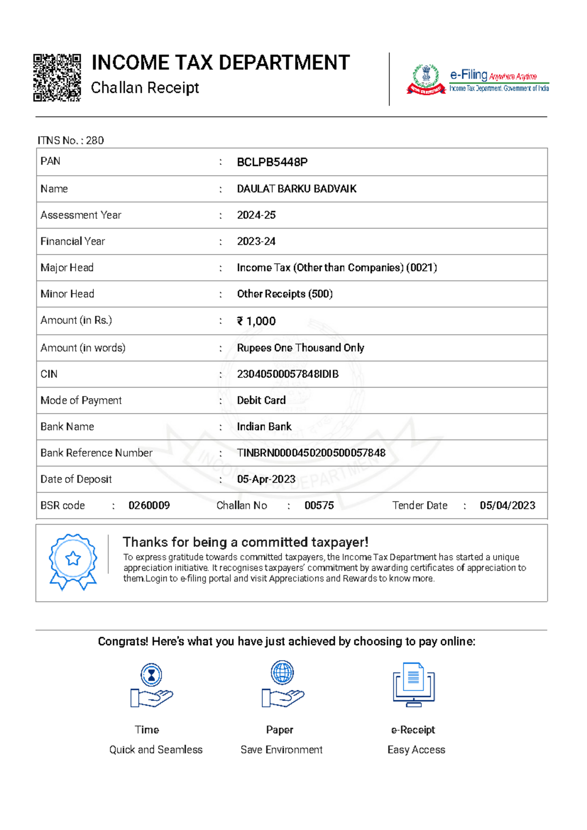 23040500057848 IDIB Challan Receipt - INCOME TAX DEPARTMENT Challan ...