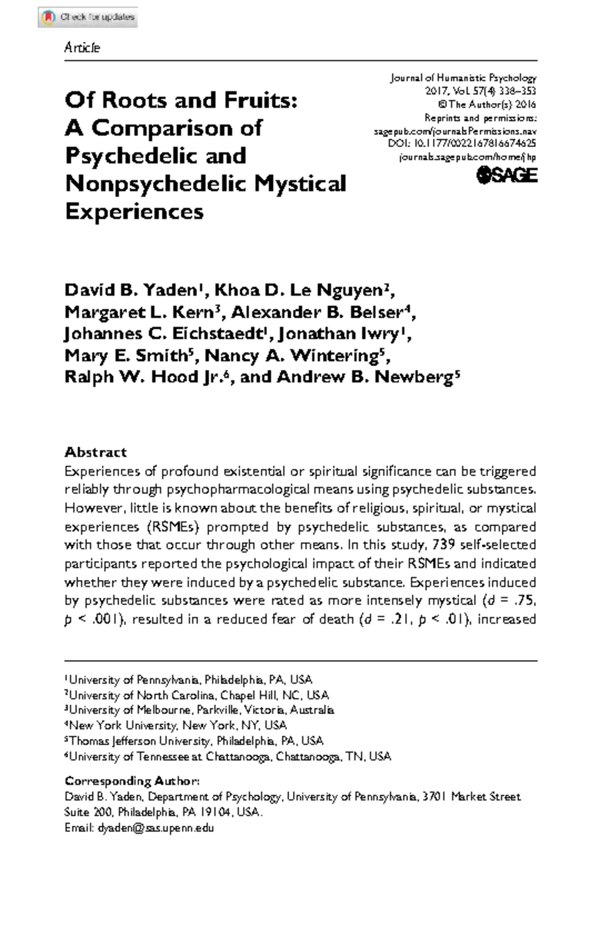 674625 Humanistic Psychology: Comparing Psychedelic vs Nonpsychedelic ...