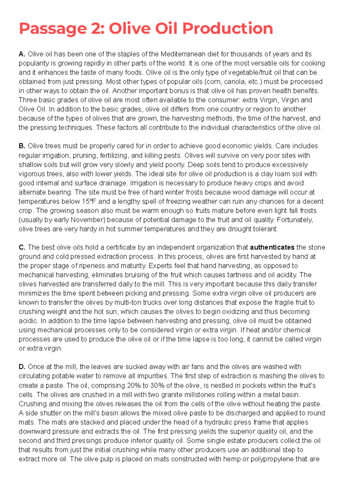 Passage 2: Olive Oil Production Overview and Key Insights - Studocu