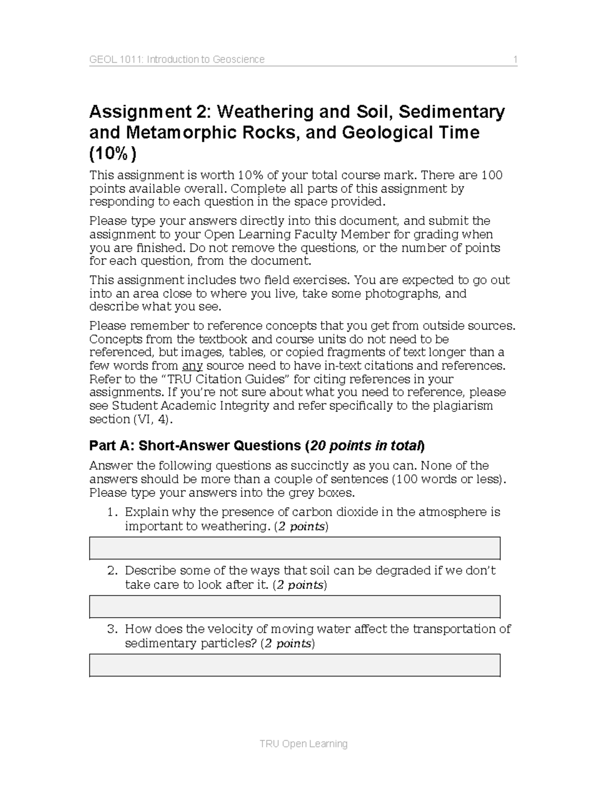 GEOL 1011 Assignment 2: Weathering, Soil, and Rock Types Analysis - Studocu