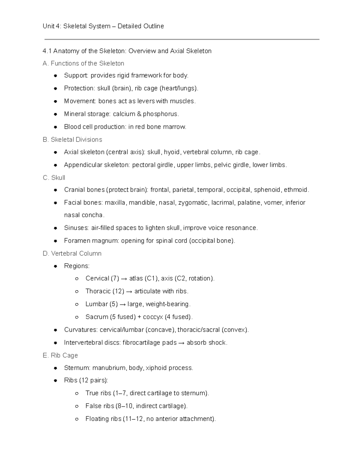 Anatomy Physiology 1 (Module 4) Detailed Outline: Skeletal System - Studocu