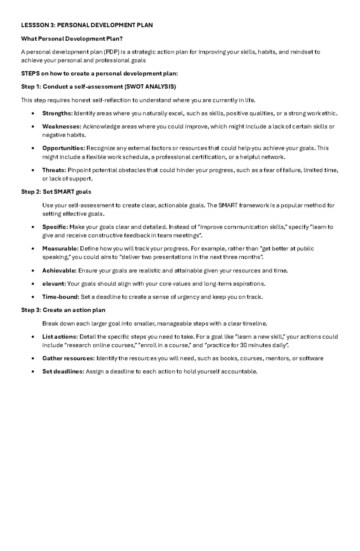 3: Lesson 3 - Personal Development Plan (PDP) Guide - Studocu