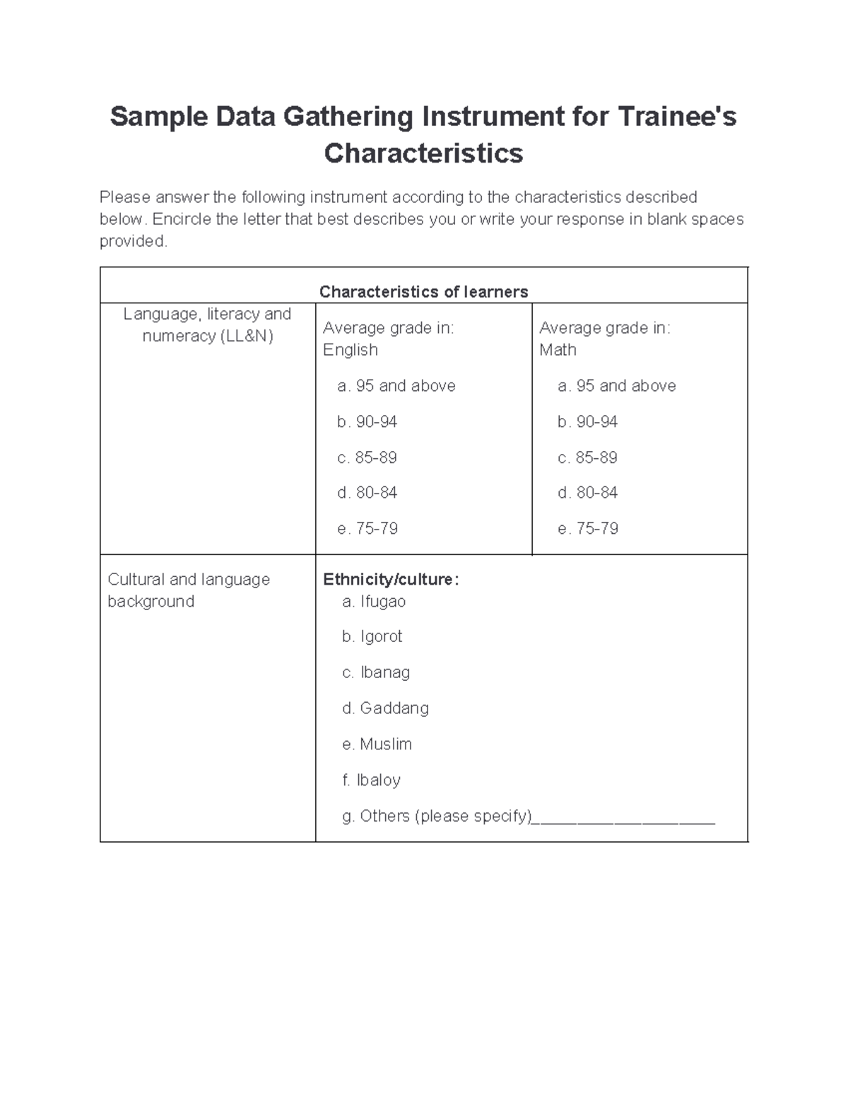 Sample Data Gathering Instrument for Trainee Characteristics - Studocu