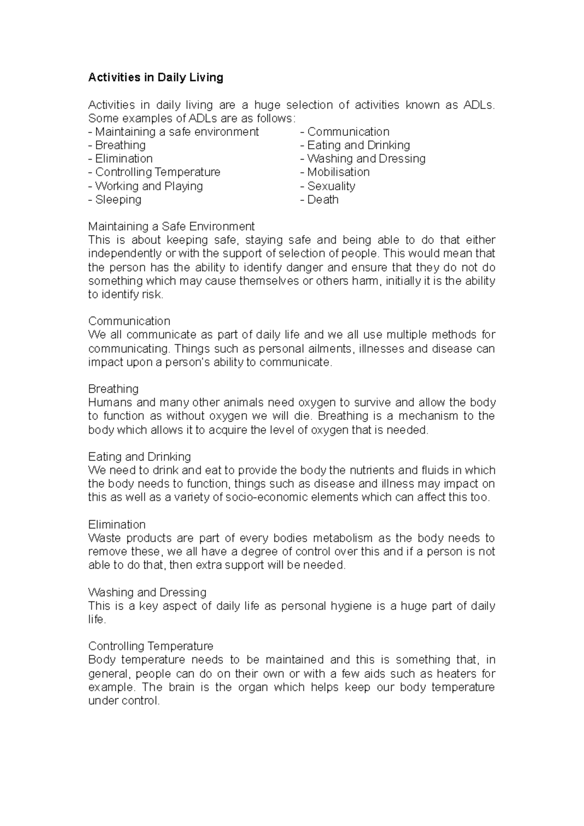 Activities in Daily Living - Activities in Daily Living Activities in ...