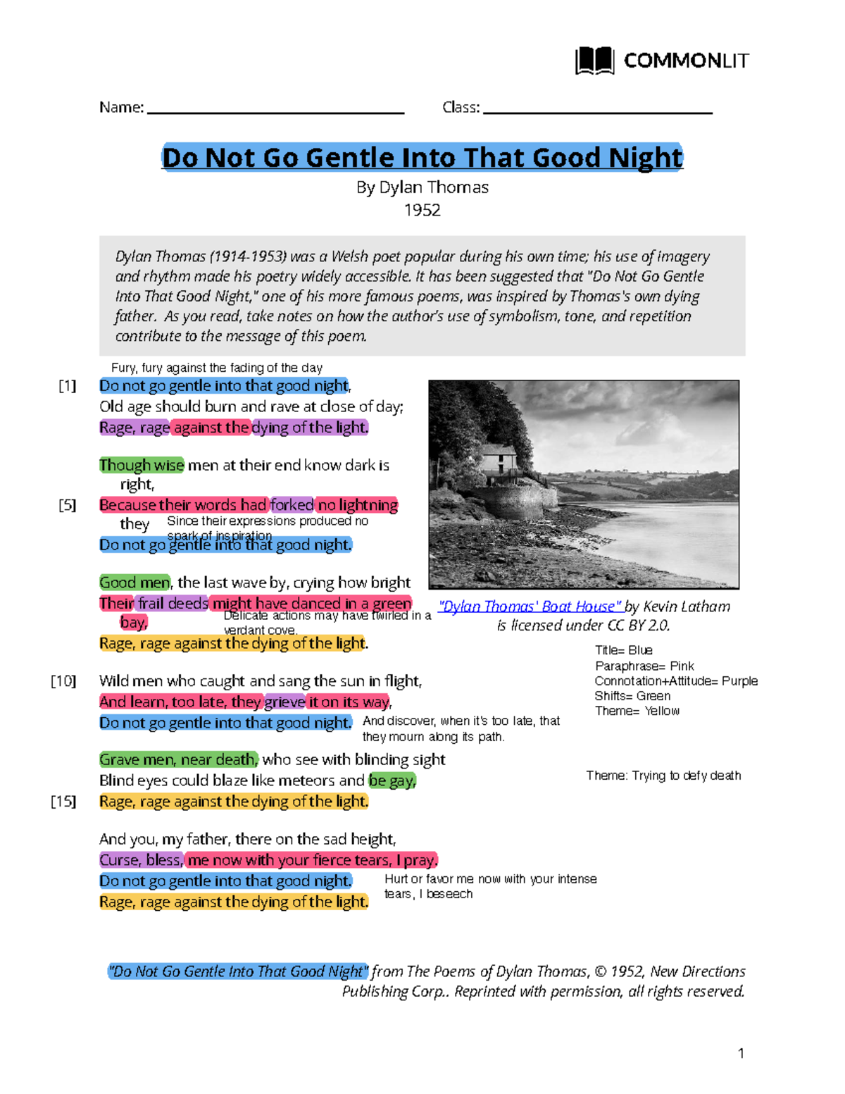 Dylan Thomas' "Do Not Go Gentle Into That Good Night" Analysis Notes ...
