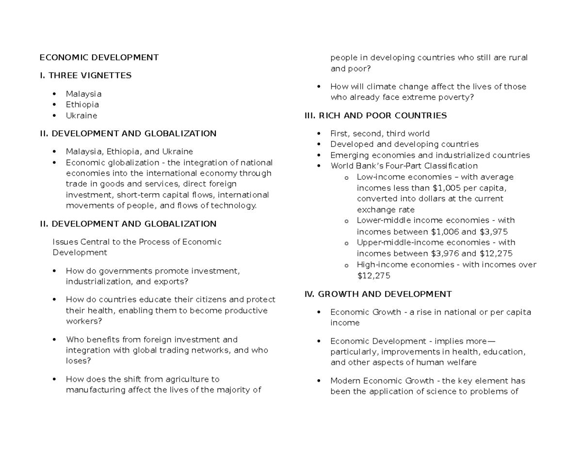 Economic Development: Review on Key Concepts & Global Perspectives - Studocu