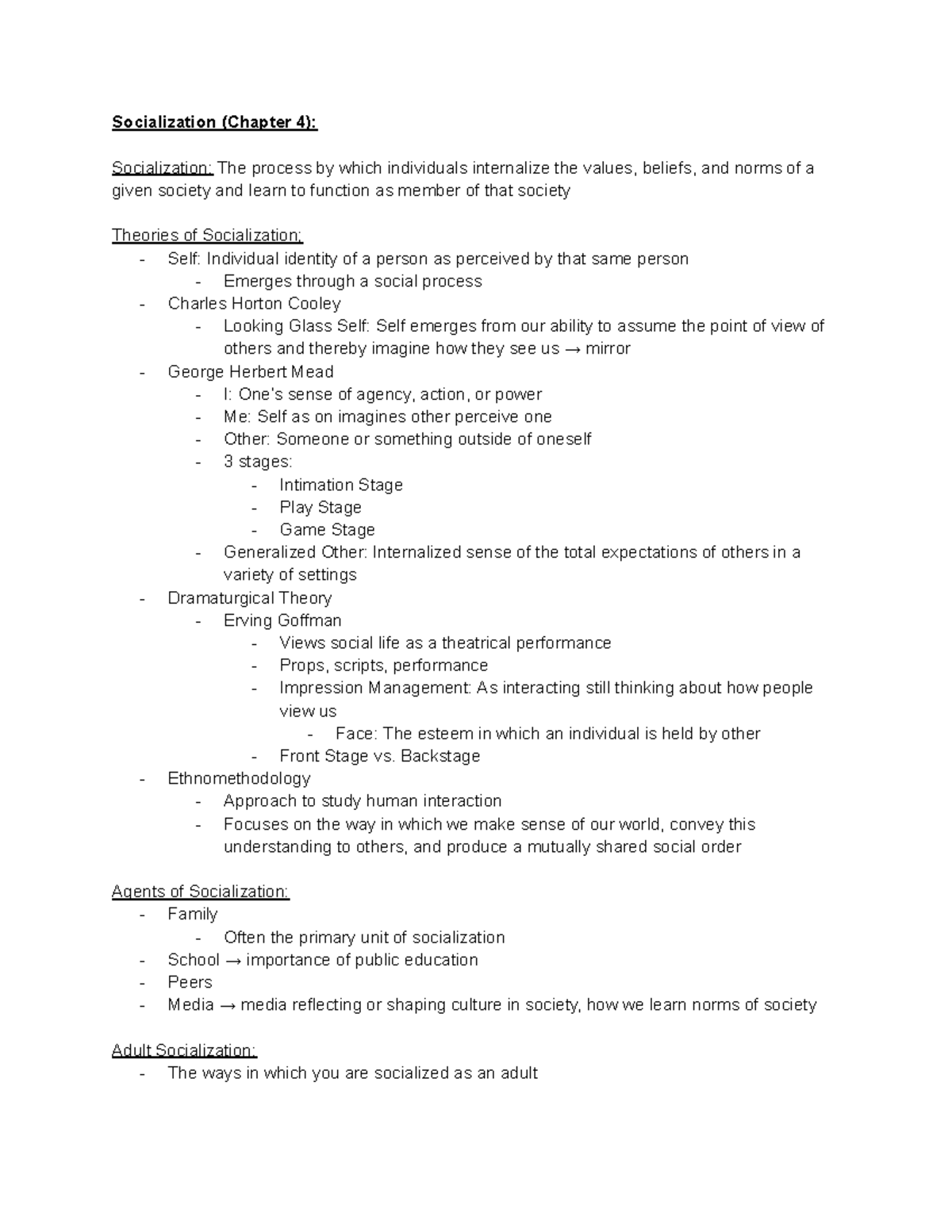 Sociological Notes: Socialization & Theories of Self (SOC 100) - Studocu