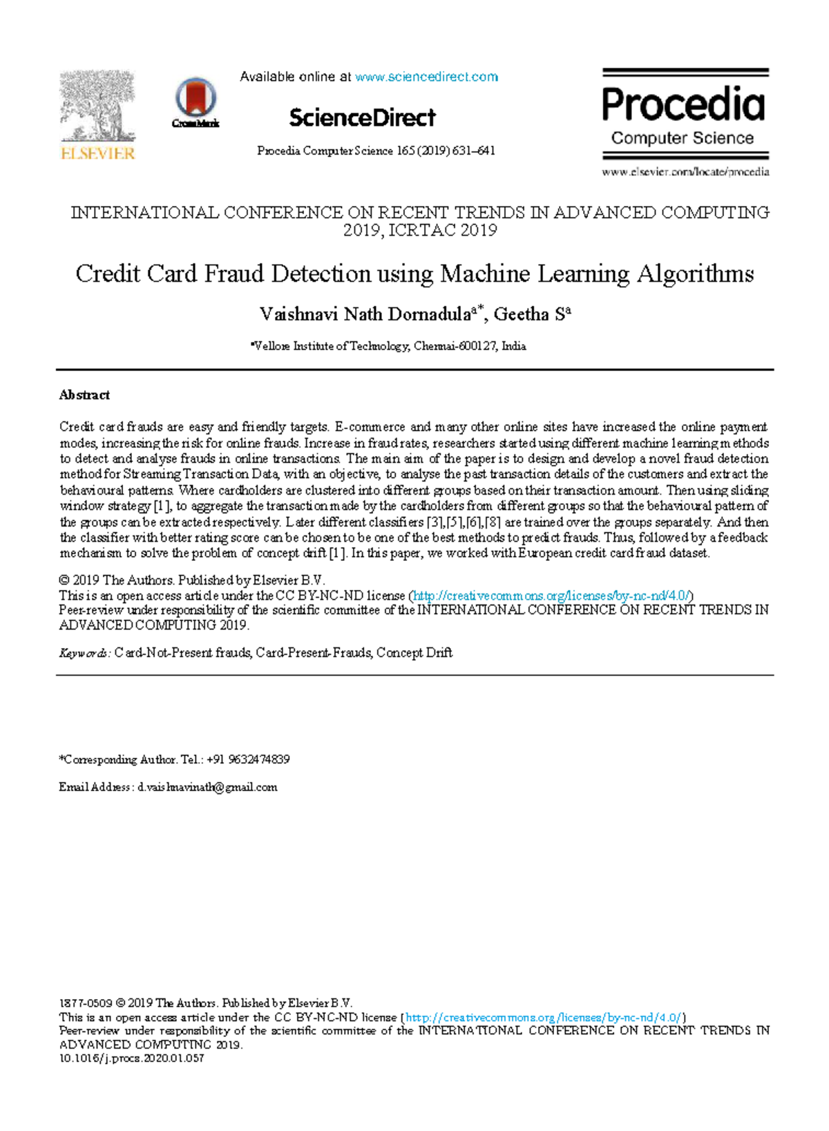 Credit Card Fraud Detection Using ML Algorithms - ICRTAC 2019 - Studocu