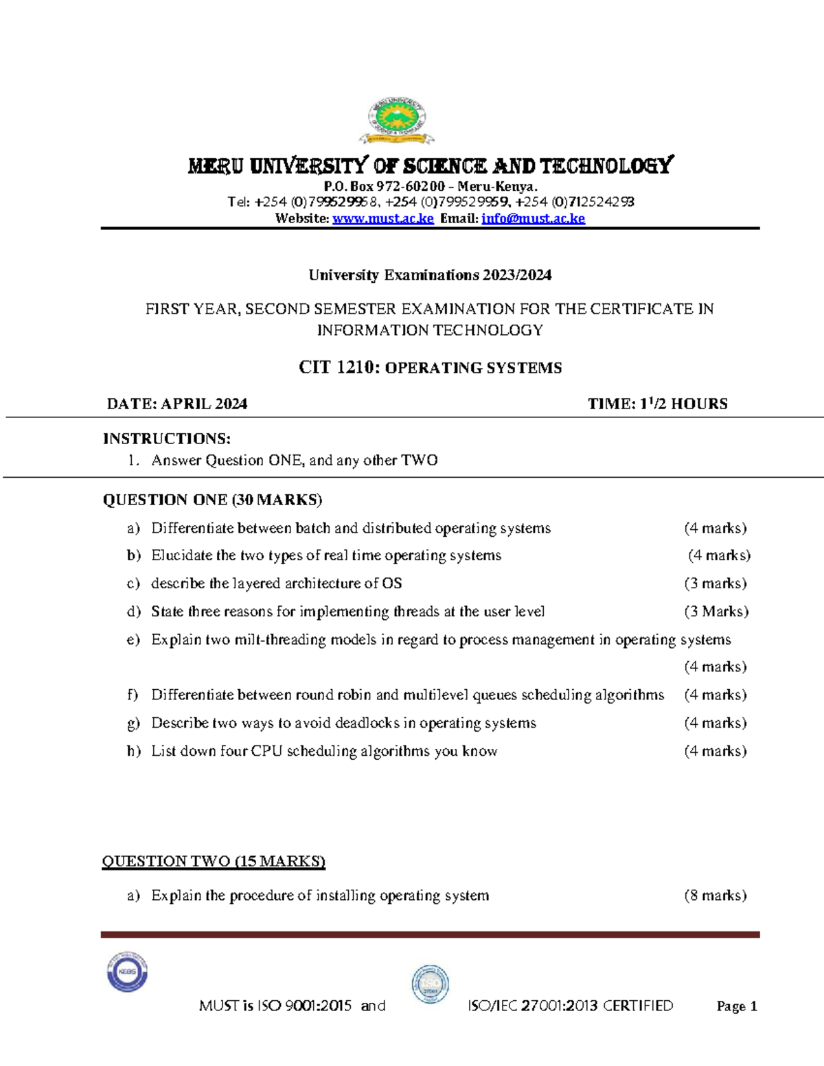 CIT 1210: Operating Systems Final Exam Notes - April 2024 - Studocu