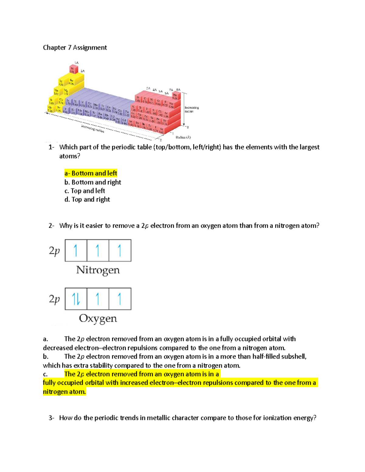 Chapter 7 Assignment with Answers - Chapter 7 Assignment 1- Which part of the periodic table ...
