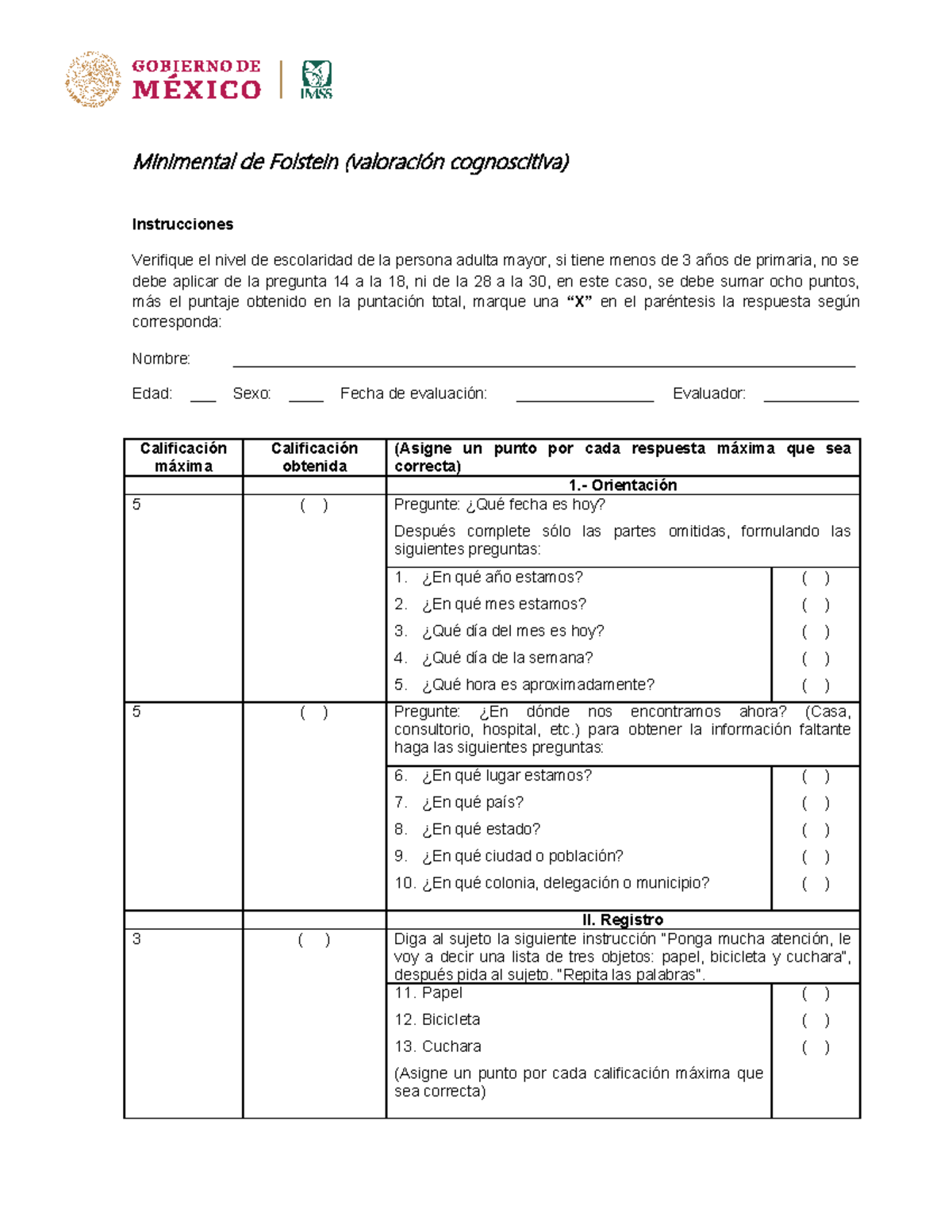M5-A4: Instrucciones para el Minimental de Folstein - Studocu