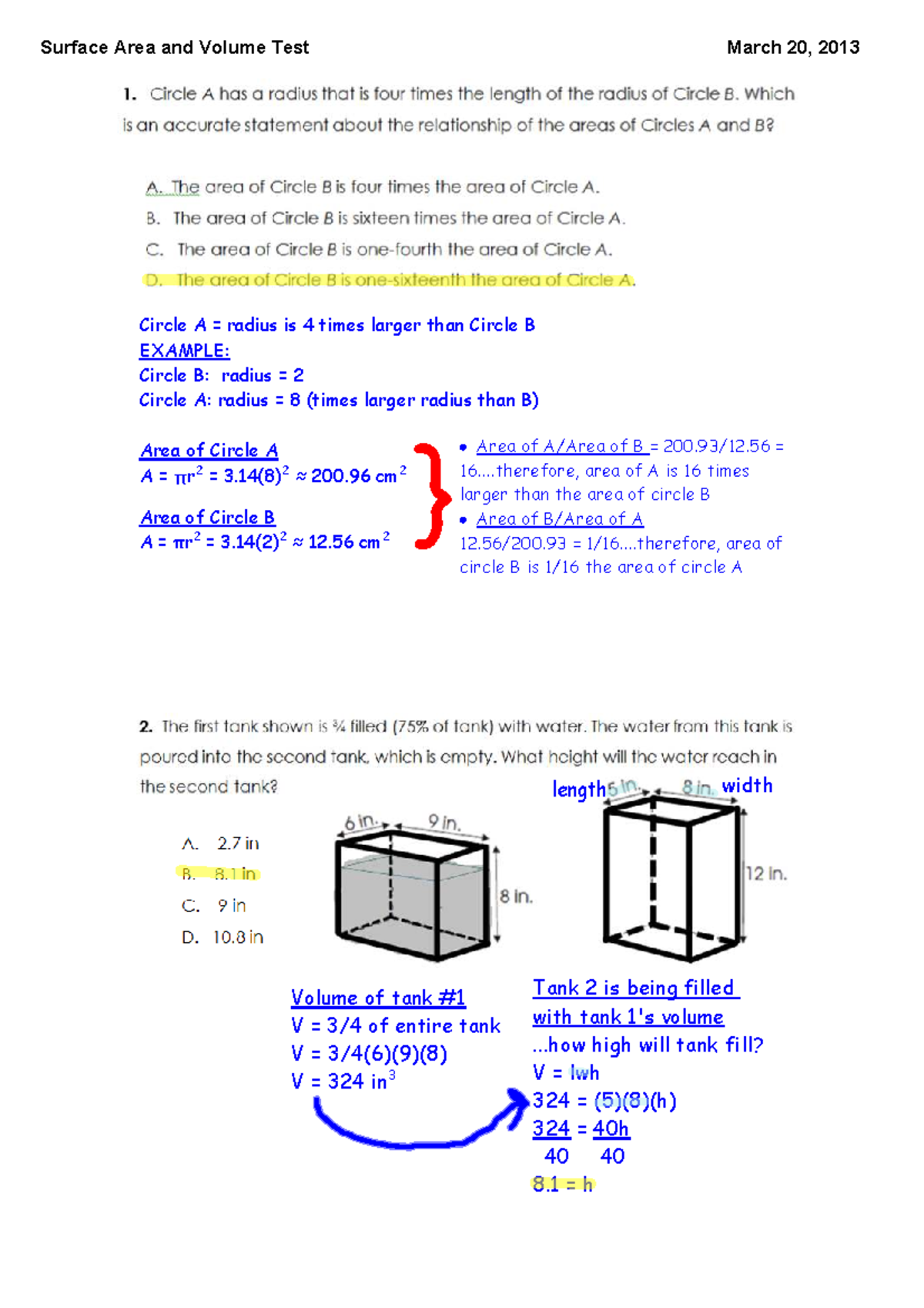 Surface Area and Volume Test Answers (March 20, 2013) - Studocu
