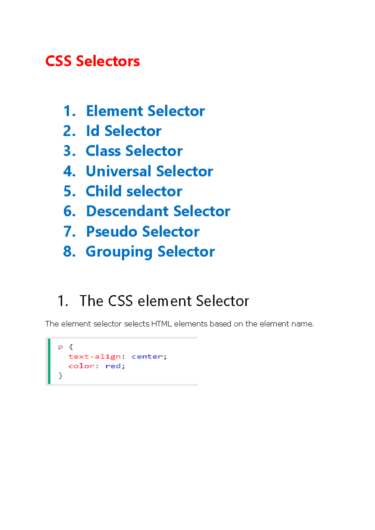 3+CSS+Selectors+N - css unit 2 - CSS Selectors 1. Element Selector 2 ...