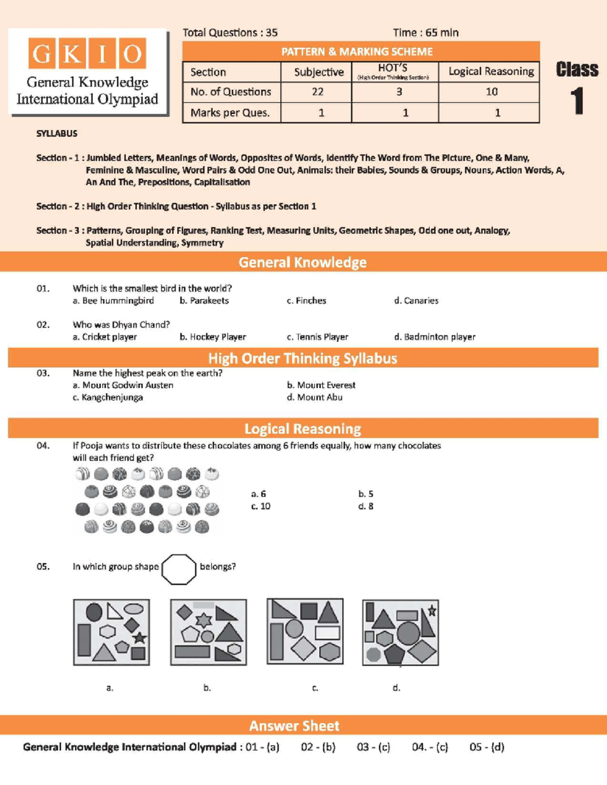 GKIO Class 1 Sample Paper: General Knowledge & Logical Reasoning - Studocu
